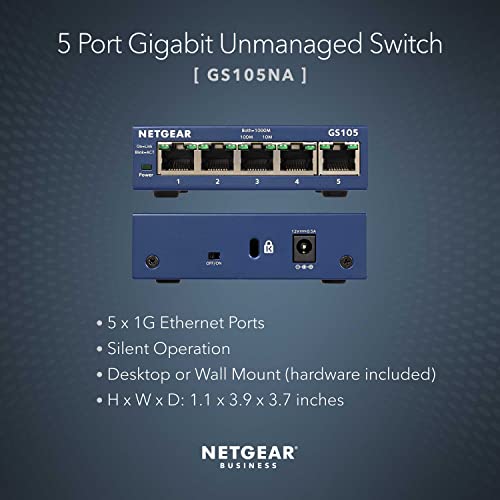 NETGEAR 5-Port Gigabit Ethernet Unmanaged Switch (GS105NA) - Desktop or Wall Mount, and Limited Lifetime Protection,Gray