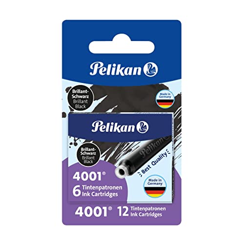 Pelikan 4001 TP/6 Ink Cartridges for Fountain Pens, Brilliant Black, 0.8ml, 12 Pack (330803)