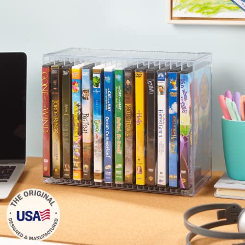 STORi Stackable Clear Plastic DVD Organizer with Rubber Feet | Rectangular Holder Perfect for Theater Room | Holds up to 14 Standard DVD Cases | Made in USA