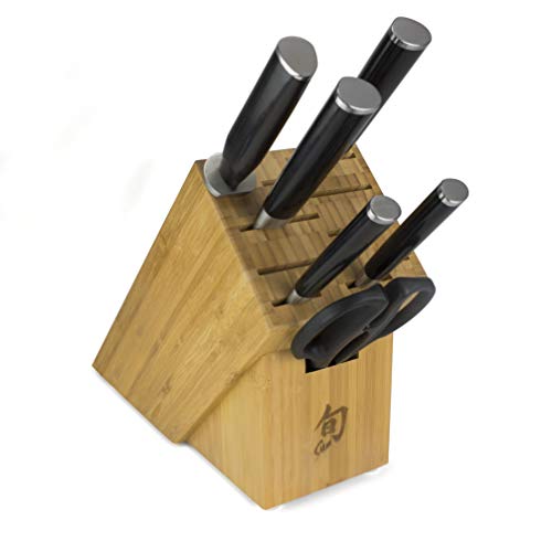 Shun Cutlery 7-Piece Essential Knife Block Set, Includes Classic 8” Chef, 6” Utility, 9” Bread & 3.5” Paring Herb Shears, Handcrafted Japanese Kitchen Knives, Black