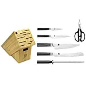 Shun Cutlery 7-Piece Essential Knife Block Set, Includes Classic 8” Chef, 6” Utility, 9” Bread & 3.5” Paring Herb Shears, Handcrafted Japanese Kitchen Knives, Black