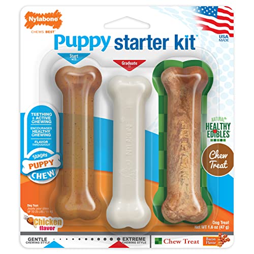 Nylabone Puppy Chew Toy & Treat Starter Pack - Puppy Chew Toys for Teething - Long Lasting Puppy Chew Treat - Puppy Supplies - Chicken & Bacon Flavor, Small (3 Count)