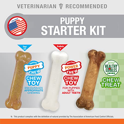 Nylabone Puppy Chew Toy & Treat Starter Pack - Puppy Chew Toys for Teething - Long Lasting Puppy Chew Treat - Puppy Supplies - Chicken & Bacon Flavor, Small (3 Count)