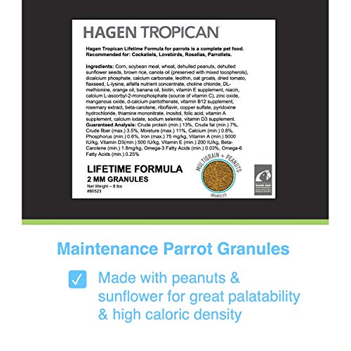 HARI Tropican Bird Food, Hagen Parrot Food with Peanuts & Sunflower Seeds, Maintenance Parrot Granules 2 mm, Lifetime Formula, 1.8 lb Bag