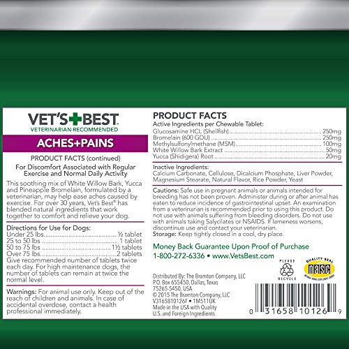 Vet’s Best Aches + Pains Dog Supplement - Vet Formulated for Dog Occasional Discomfort and Hip and Joint Support - 50 Chewable Tablets