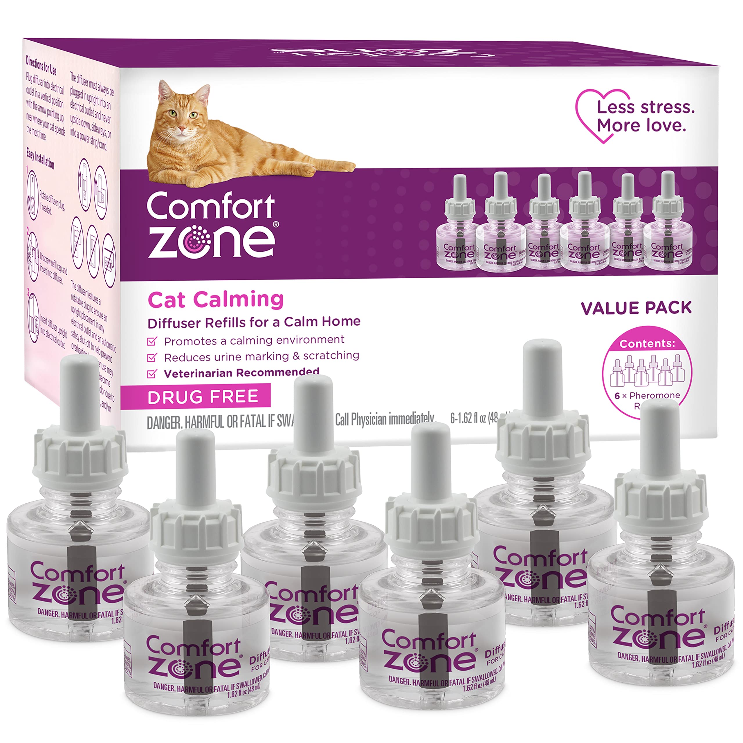 Comfort Zone Cat Calming Diffuser Refills Value Kit: 6 pack; Pheromones to Reduce Stress, Spraying & Scratching