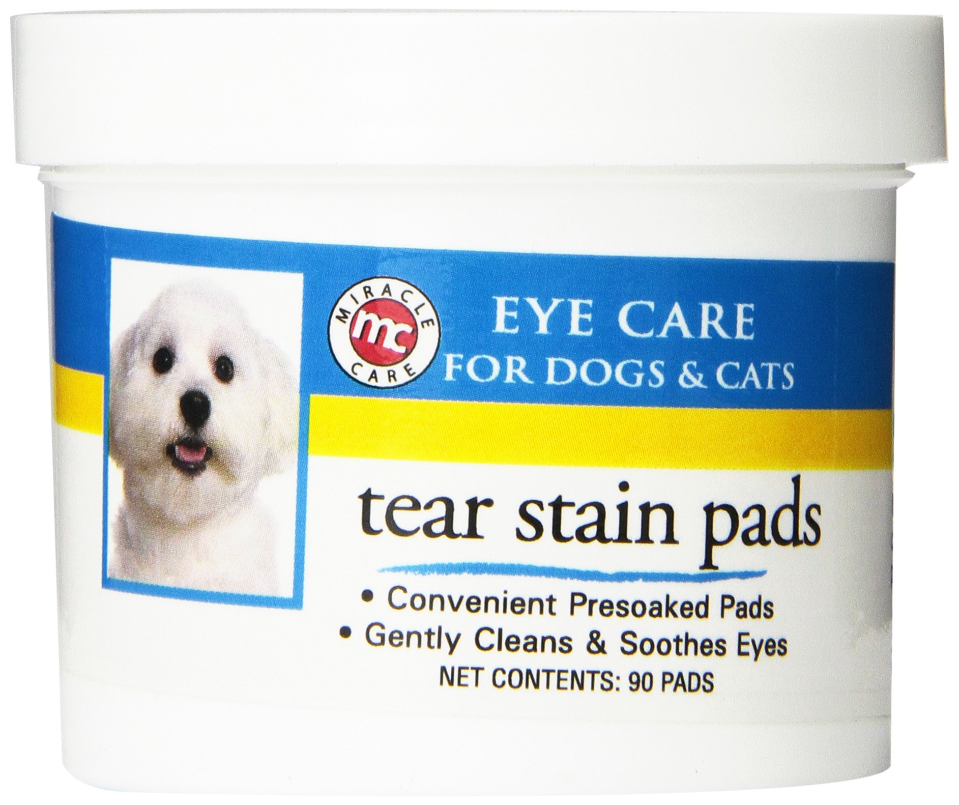 Miracle Care Tear Stain Pads Made in USA [Soft Pet Wipes for Gently Cleaning Eyes] Sterile Cat and Dog Wipes Formulated to Remove Tear Stains and Eye Debris, 90 Count