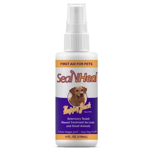 happy jack seal 'n heal liquid bandage for dogs, cats, pets, wound care spray (4 oz), protects against minor cuts, burns, waterproof seal, discourages licking & chewing, for paws & body, made in usa