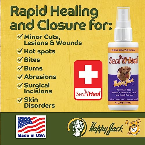 HAPPY JACK Seal 'N Heal Liquid Bandage for Dogs, Cats, Pets, Wound Care Spray (4 oz), Protects Against Minor Cuts, Burns, Waterproof Seal, Discourages Licking & Chewing, for Paws & Body, Made in USA