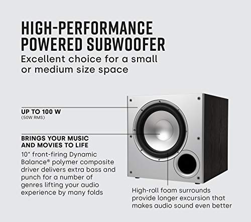 Polk Audio PSW10 10" Powered Subwoofer - Power Port Technology, Up to 100 Watts, Big Bass in Compact Design, Easy Setup with Home Theater Systems Black