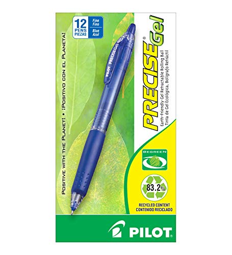 PILOT Precise Gel BeGreen Refillable & Retractable Rolling Ball Pens, Fine Point, Blue Ink, 12-Pack (15002)