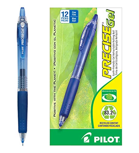 PILOT Precise Gel BeGreen Refillable & Retractable Rolling Ball Pens, Fine Point, Blue Ink, 12-Pack (15002)