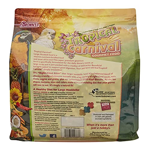 F.M. Brown's Tropical Carnival Gourmet Large Hookbill Food for Parrots, Cockatoos and Macaws Over 13", 5-lb Bag - Vitamin-Nutrient Fortified Daily Diet