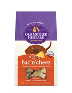 old mother hubbard by wellness classic bac'n'cheez natural dog treats, crunchy oven-baked biscuits, ideal for training, small size, 20 ounce bag