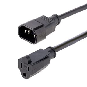 startech.com 1ft (0.3m) power extension cord, iec 320 c14 to nema 5-15r, 10a 125v, 18awg, black computer power extension cord, ac outlet extension cable for network equipment, ul listed (pac100)