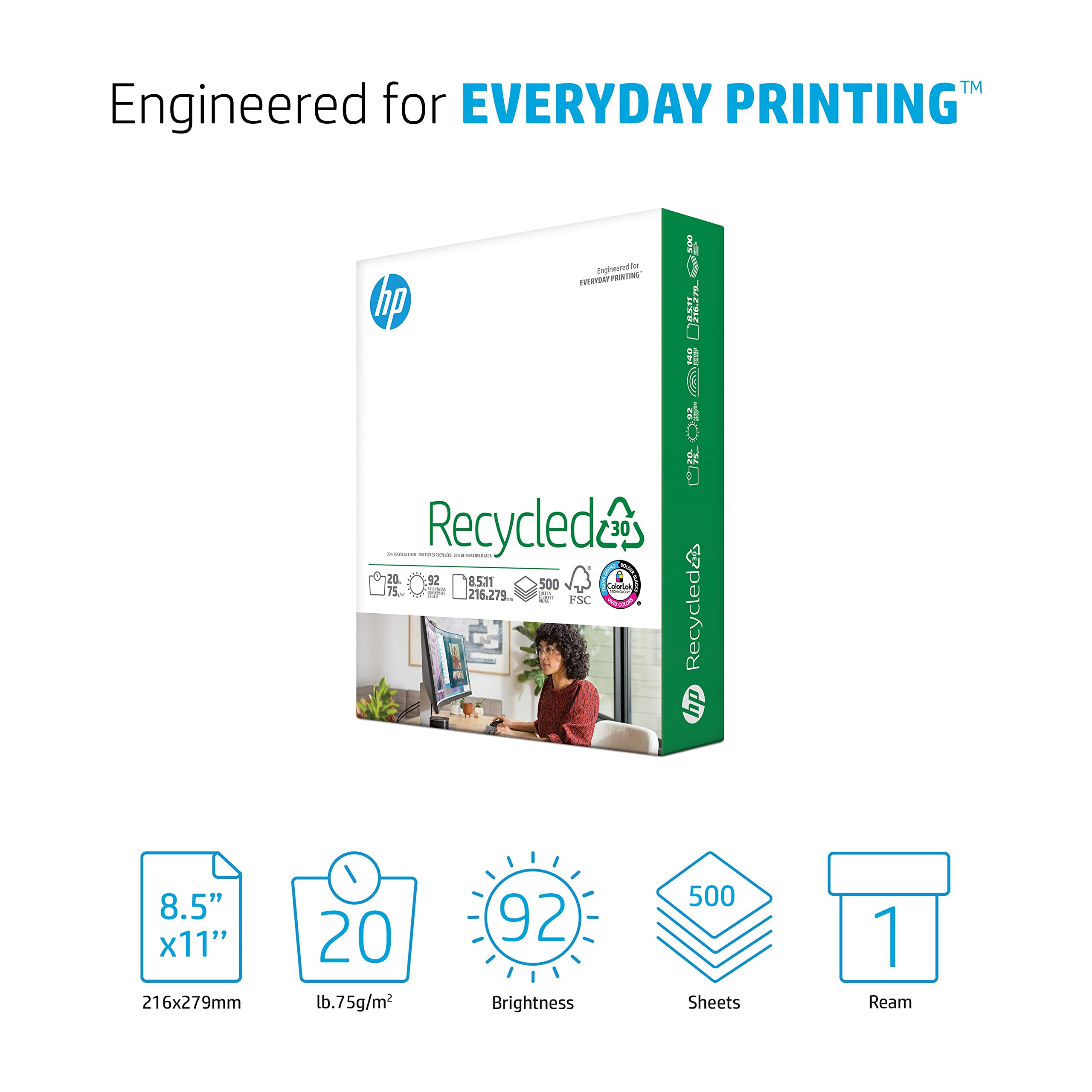 HP Printer Paper | 8.5 x 11 Paper | 30% Recycled Paper | 1 Ream - 500 Sheets | 92 Bright | Made in USA - FSC Certified |112100R