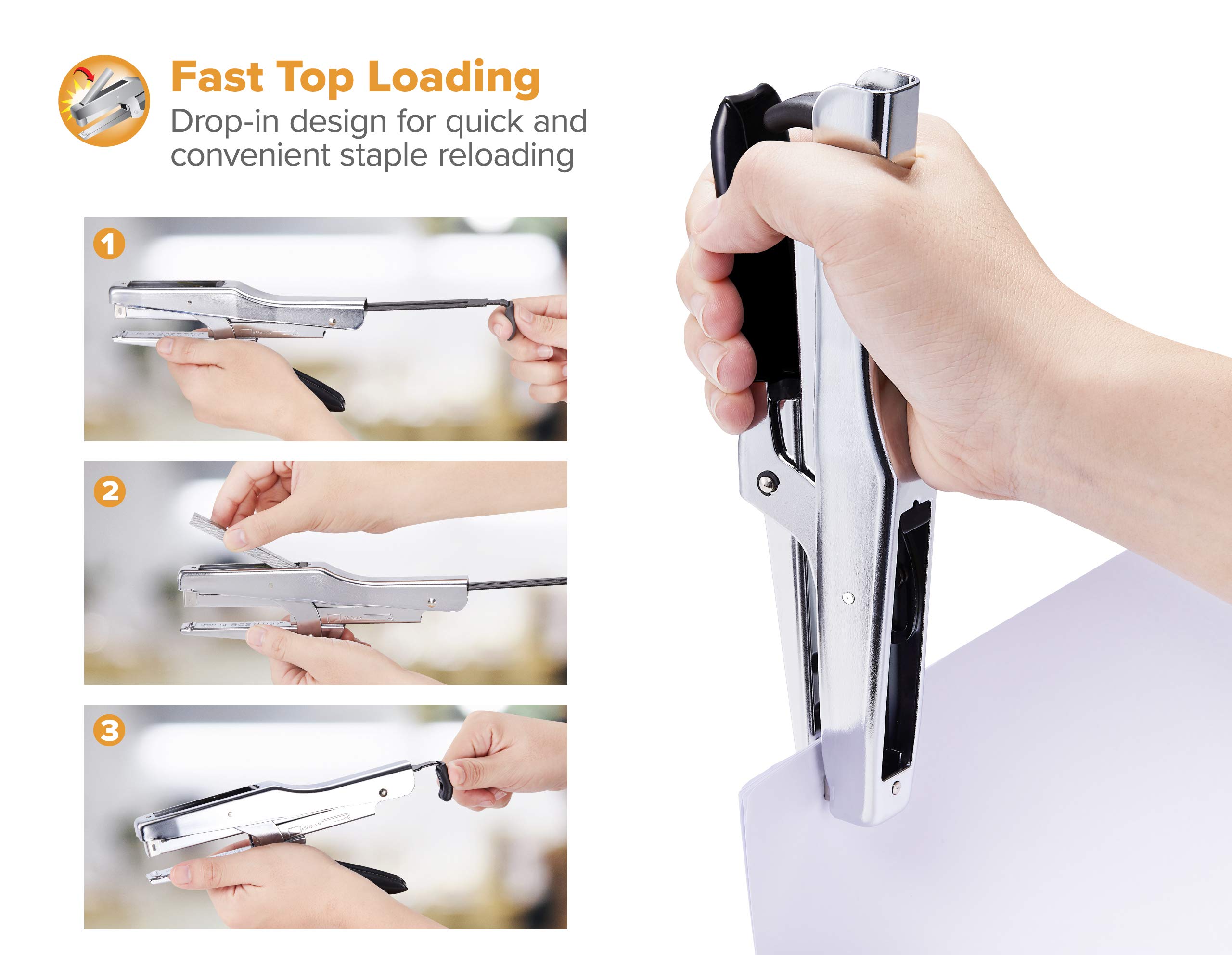 Bostitch Office Plier Stapler, 20 Sheet Capacity, EZ Squeeze Handle, Reduced Effort, No Jam Technology, Chrome