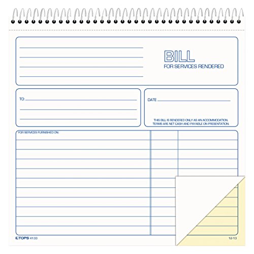 TOPS 2-Part Carbonless Bill for Services Rendered Book, 8.5 x 8.25 Inches, 50 Sheets, White, (4133)