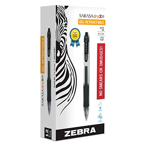 Zebra Pen Sarasa Dry X20 Retractable Gel Pen, Bold Point, 1.0mm, Black Ink, 12-Pack (Packaging May Vary)