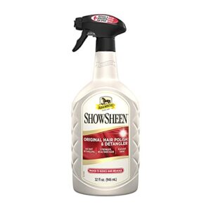 absorbine showsheen hair polish & detangler for coat, mane & tail for horses & dogs, mane and tail detangler spray, instant detangling, reduce hair breakage, nourish hair & radiant shine, 32oz spray bottle