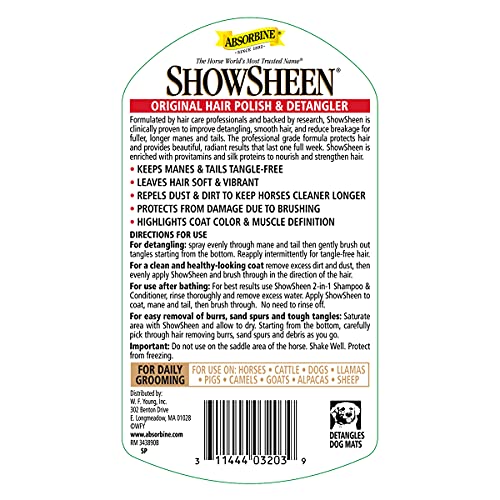 Absorbine ShowSheen Hair Polish & Detangler for Coat, Mane & Tail for Horses & Dogs, Mane and Tail Detangler Spray, Instant Detangling, Reduce Hair Breakage, Nourish Hair & Radiant Shine, 32oz Spray Bottle