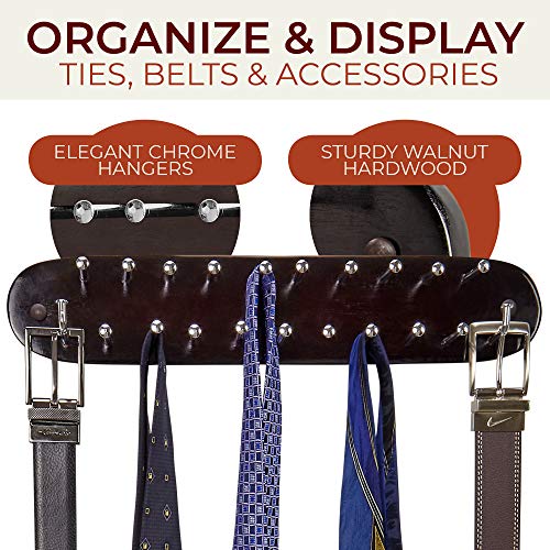 Richards Homewares 21 Closet Tie Rack, Belt Scarf Hanger-Natural Dark Walnut Wood with Chrome Hooks-Multi Accessory Wall Mounted Holder for Storage and Organization