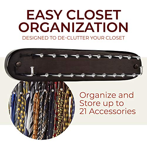 Richards Homewares 21 Closet Tie Rack, Belt Scarf Hanger-Natural Dark Walnut Wood with Chrome Hooks-Multi Accessory Wall Mounted Holder for Storage and Organization