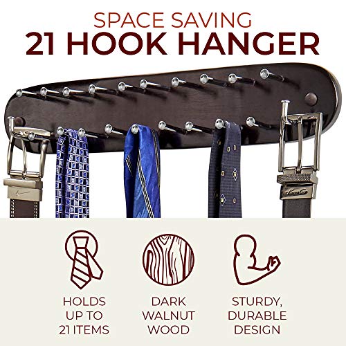 Richards Homewares 21 Closet Tie Rack, Belt Scarf Hanger-Natural Dark Walnut Wood with Chrome Hooks-Multi Accessory Wall Mounted Holder for Storage and Organization