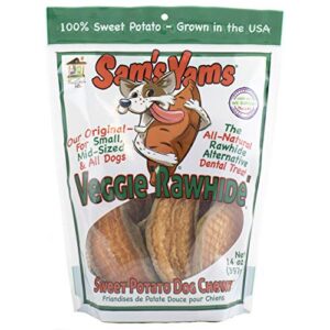 sam's yams sweet potato dog treats, healthy dog treats for small, medium, and large breed dogs - made in usa, high fiber, vegan dental chews - veggie rawhide, sweet potato dog chewz, 14oz single pack