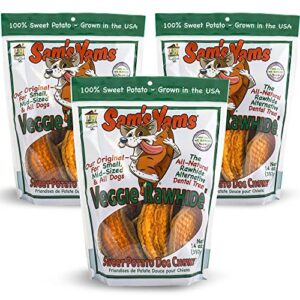 sam's yams sweet potato dog treats, healthy dog treats for small, medium, and large breed dogs - made in usa, high fiber, vegan dental chews - veggie rawhide, sweet potato dog chewz, 14oz(pack of 3)