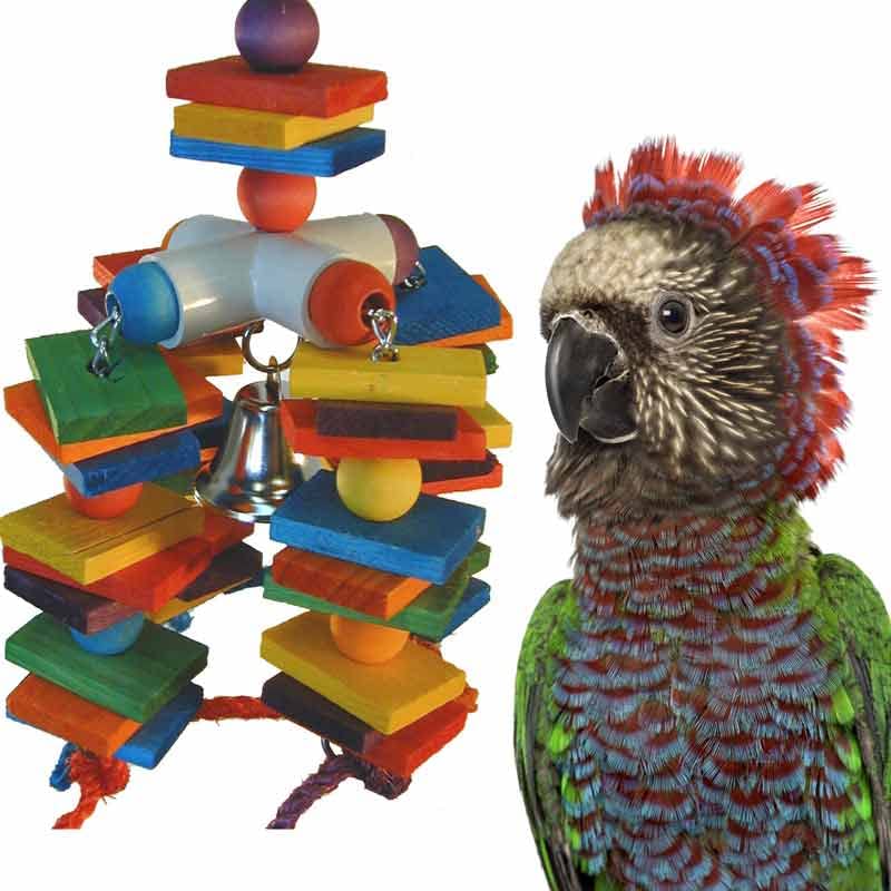 Super Bird Creations SB440 4 Way Play Bird Toy with Colorful Wooden Blocks & Ringing Bell, Large Bird Size, 15” x 7” x 7”