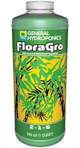 general hydroponics floragro 2-1-6, use with floramicro & florabloom, provides nutrients for structural & foliar growth, ideal for hydroponics, 1-quart