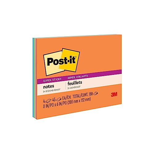 Post-it Super Sticky Notes, 8x6 inches, 4 Pads, (Orange, Pink, Blue, Green), Recyclable (6845-SSP)