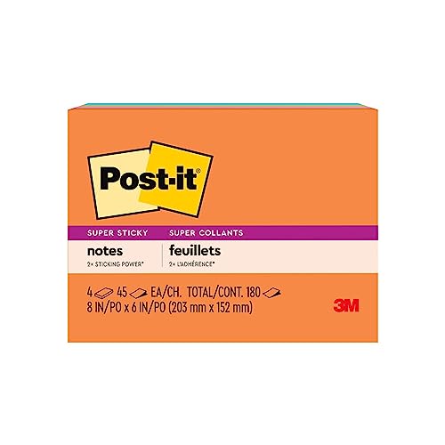 Post-it Super Sticky Notes, 8x6 inches, 4 Pads, (Orange, Pink, Blue, Green), Recyclable (6845-SSP)