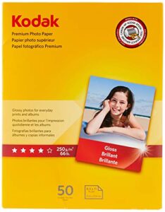 kodak premium photo paper for inkjet printers, gloss finish, 8.5 mil thickness, 50 sheets, 8.5” x 11” (8360513),white