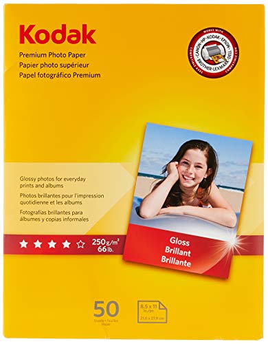 Kodak Premium Photo Paper for inkjet printers, Gloss Finish, 8.5 mil thickness, 50 Sheets, 8.5” x 11” (8360513),White