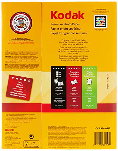 Kodak Premium Photo Paper for inkjet printers, Gloss Finish, 8.5 mil thickness, 50 Sheets, 8.5” x 11” (8360513),White