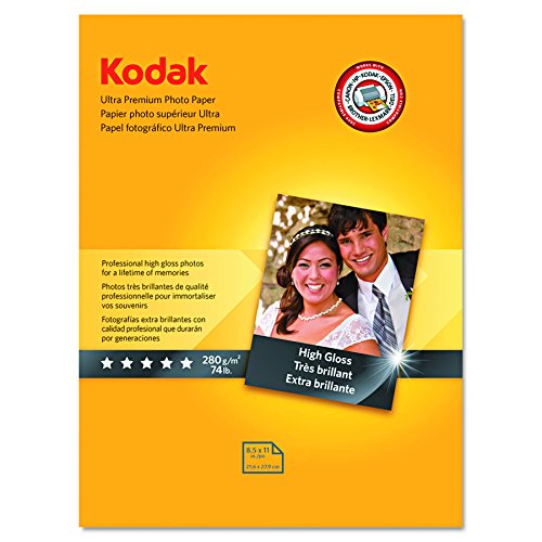 Kodak Ultra Premium Photo Paper for inkjet printers, Gloss Finish, 10.7 mil thickness, 25 sheets, 8.5” x 11” (8366353),White