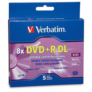 verbatim dvd+r dl 8.5gb 8x azo with branded surface - 5pk jewel case box - 95311, silver