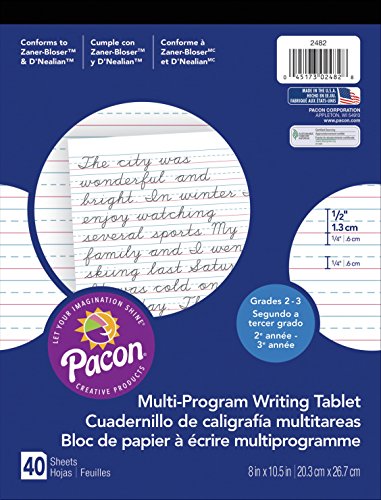 PACON - PAC2482 Pacon Handwriting Paper, D'Nealian Grades 2&3 / Zaner-Bloser Grade 2, 1/2" x 1/4" x 1/4" Ruled 8" x 10-1/2", Ruled Short, 40 Sheets,White