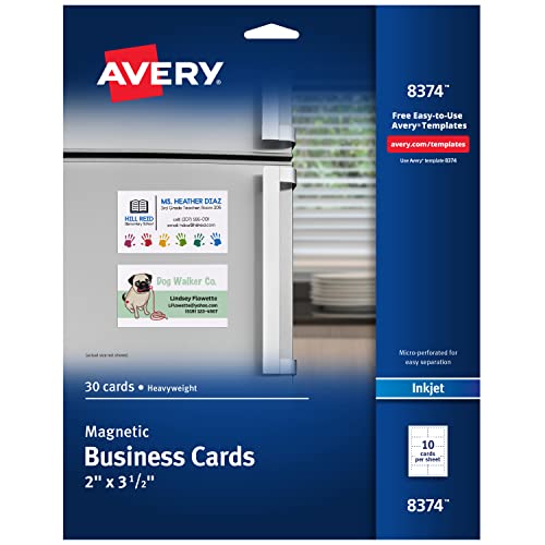 Avery 8374 Magnetic Business Cards, 2 x 3 1/2, White, 10 Cards per Sheet (Pack of 30 Cards) - Matte White