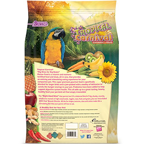 Tropical Carnival F.M. Brown's Gourmet Macaw Food Big Bites for Big Beaks, Vitamin-Nutrient Fortified Daily Diet with Probiotics for Digestive Health - 14lb