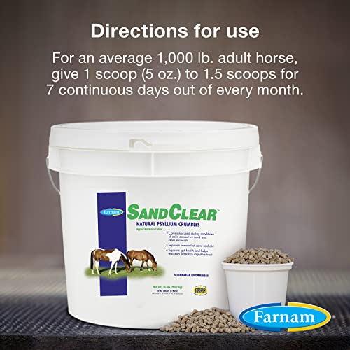 Farnam Sand Clear for Horses Natural Psyllium Crumbles, Veterinarian recommended to support the removal of sand & dirt from the ventral colon, 20 lbs., 64 scoops