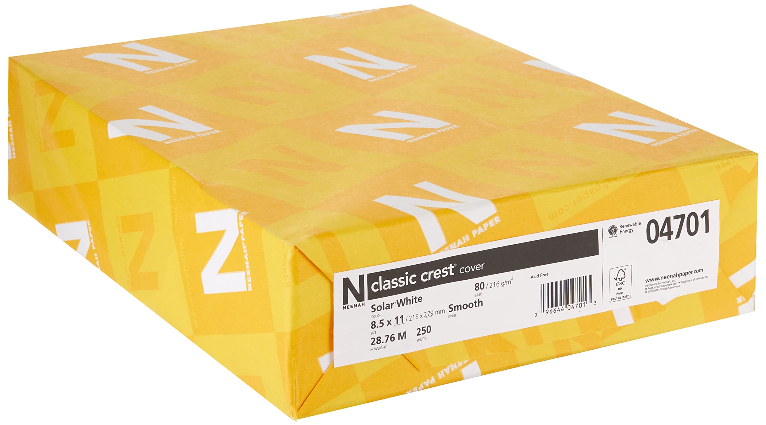 Neenah Classic Crest Coverstock, 8.5" x 11", 80 lb, Smooth Finish, Solar White, 250 Sheets (04701)