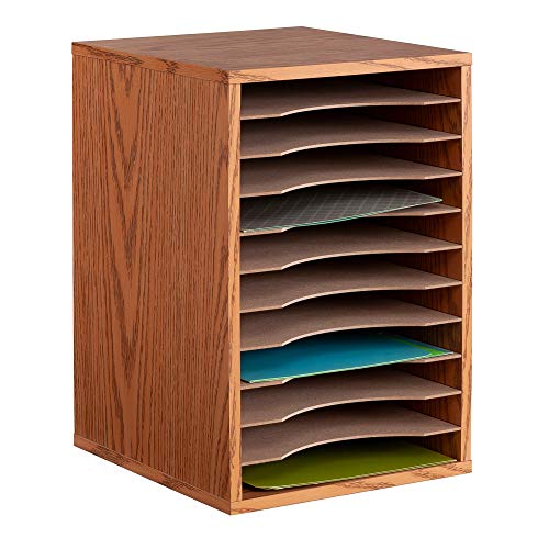 Safco Products 11 Compartment Vertical Desktop Sorter - Ideal for Home Office and Classroom Storage and Organization -Durable Laminate Finish - Medium Oak - Letter Size Shelves 10.75 W x 12 D x16 H