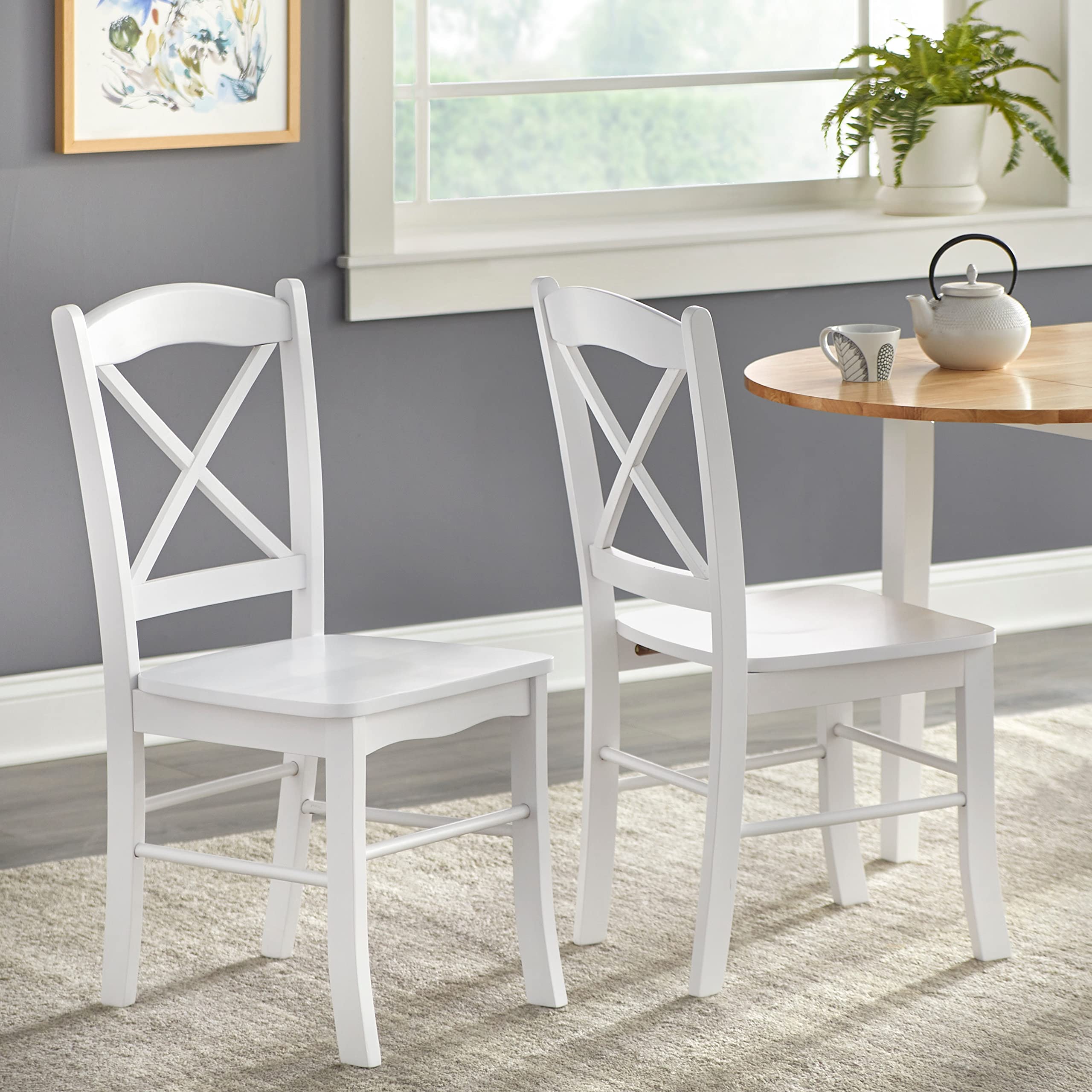 Target Marketing Systems Tiffany Cross Back Dining Room Chairs, Comfortable and Classic Design, Made of Solid Rubberwood, Seat Height 18", Set of 2, NO Size, Pure White/Natural