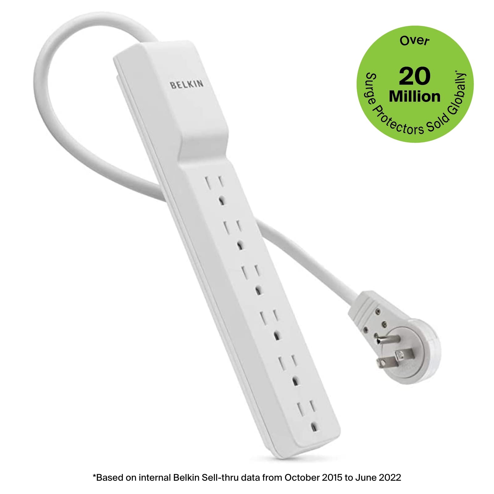 Belkin Power Strip Surge Protector - 6 AC Multiple Outlets - Flat Rotating Plug, 8 ft Long Heavy Duty Extension Cord for Home, Office, Travel, Computer Desktop & Charging Brick - White (720 Joules)