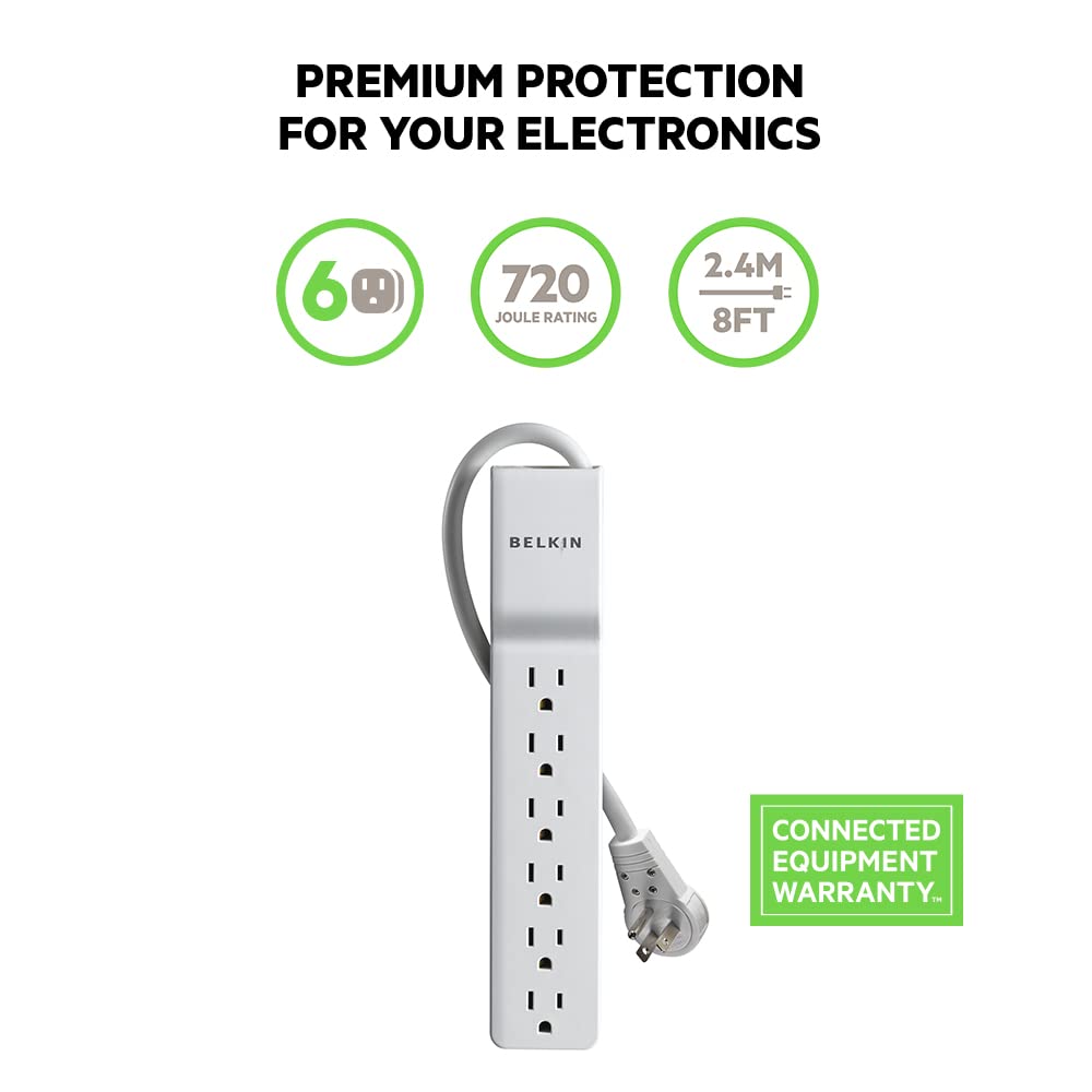 Belkin Power Strip Surge Protector - 6 AC Multiple Outlets - Flat Rotating Plug, 8 ft Long Heavy Duty Extension Cord for Home, Office, Travel, Computer Desktop & Charging Brick - White (720 Joules)