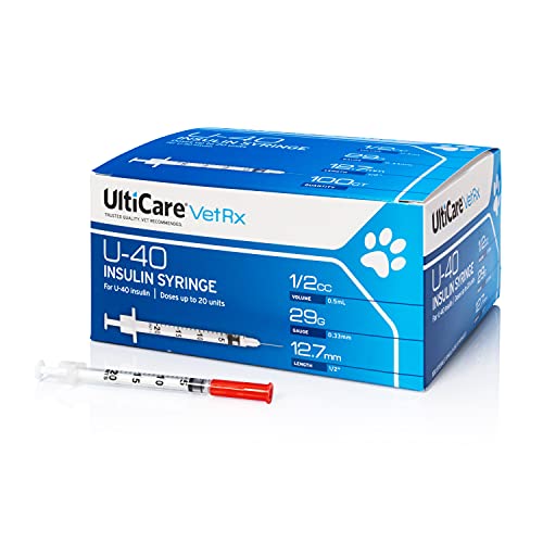 UltiCare VetRx U-40 Pet Insulin Syringes, Comfortable & Accurate Dosing of Insulin for Pets, Compatible with Any U-40 Strength Insulin, Size: 1/2cc, 29G x ½’’, 100 ct Box