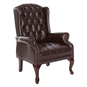 office star tex traditional queen anne style chair with thick padded seat and lumbar support back with royal cherry finish wood legs, jamestown oxblood vinyl